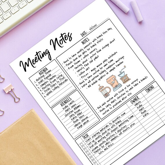 Printable Meeting Notes Template Work Day Organizer Office | Etsy
