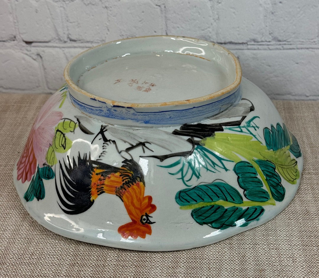 Asian Vintage Chinese Rooster & Peony Porcelain Footed Bowl, Hand ...