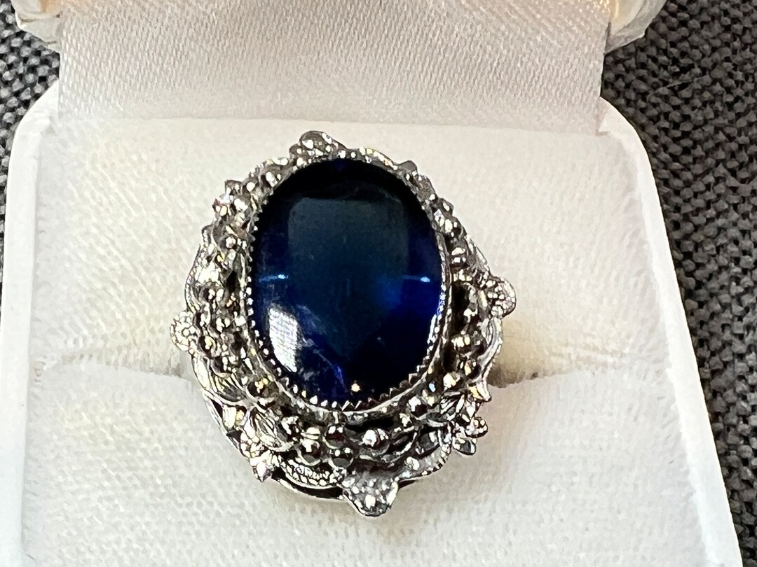 Whiting & Davis Silver Tone Blue Glass Ring Size 7, Faceted Cocktail ...