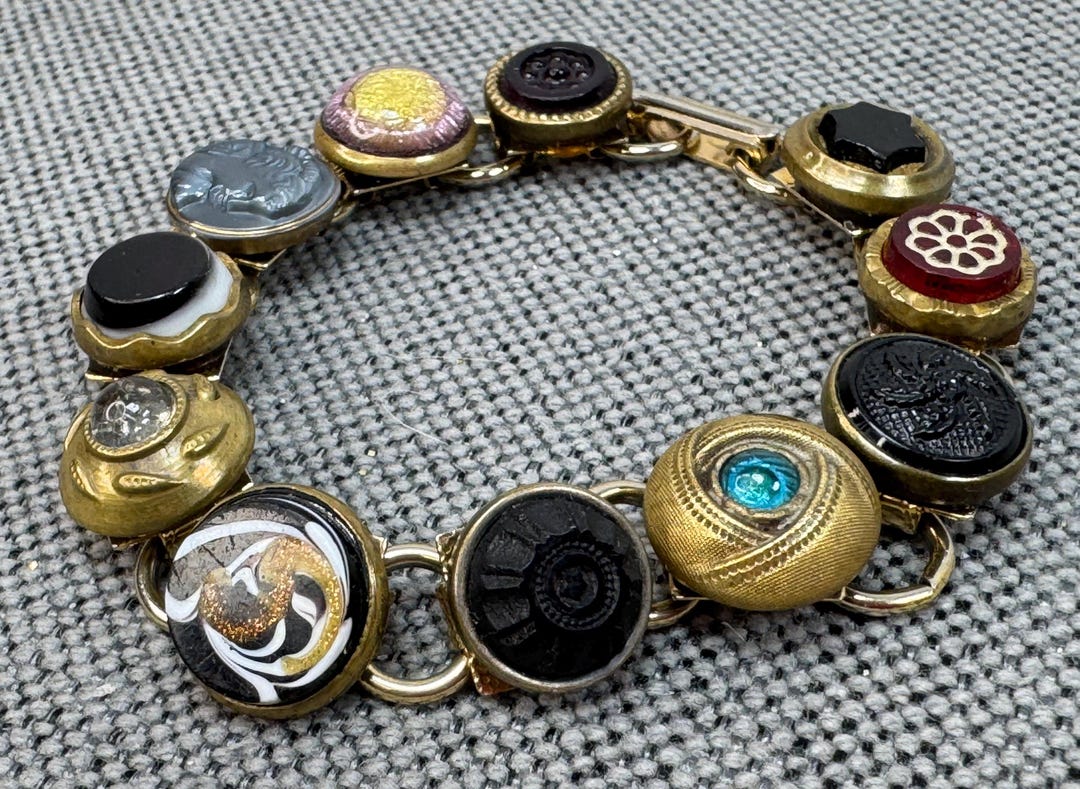 Vintage Victorian Revival Glass Button Bracelet, Cameo, Bird Nest ...