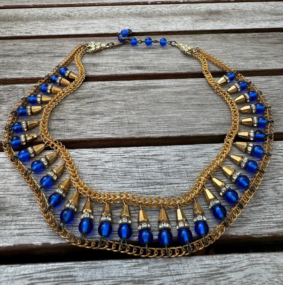 Vintage Cobalt Blue Glass & Roundel Clear Sparkly Rhinestone Collar ...