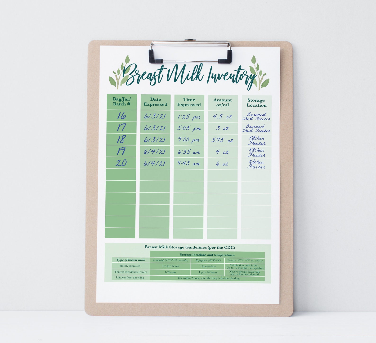Breast Milk Inventory Printable, Pumping Tracker, Breastmilk Storage ...