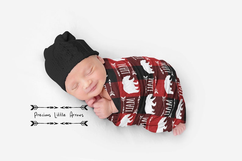 Personalized Plaid Bear Swaddle Set/ Custom Bear Baby Blanket/ Woodland ...