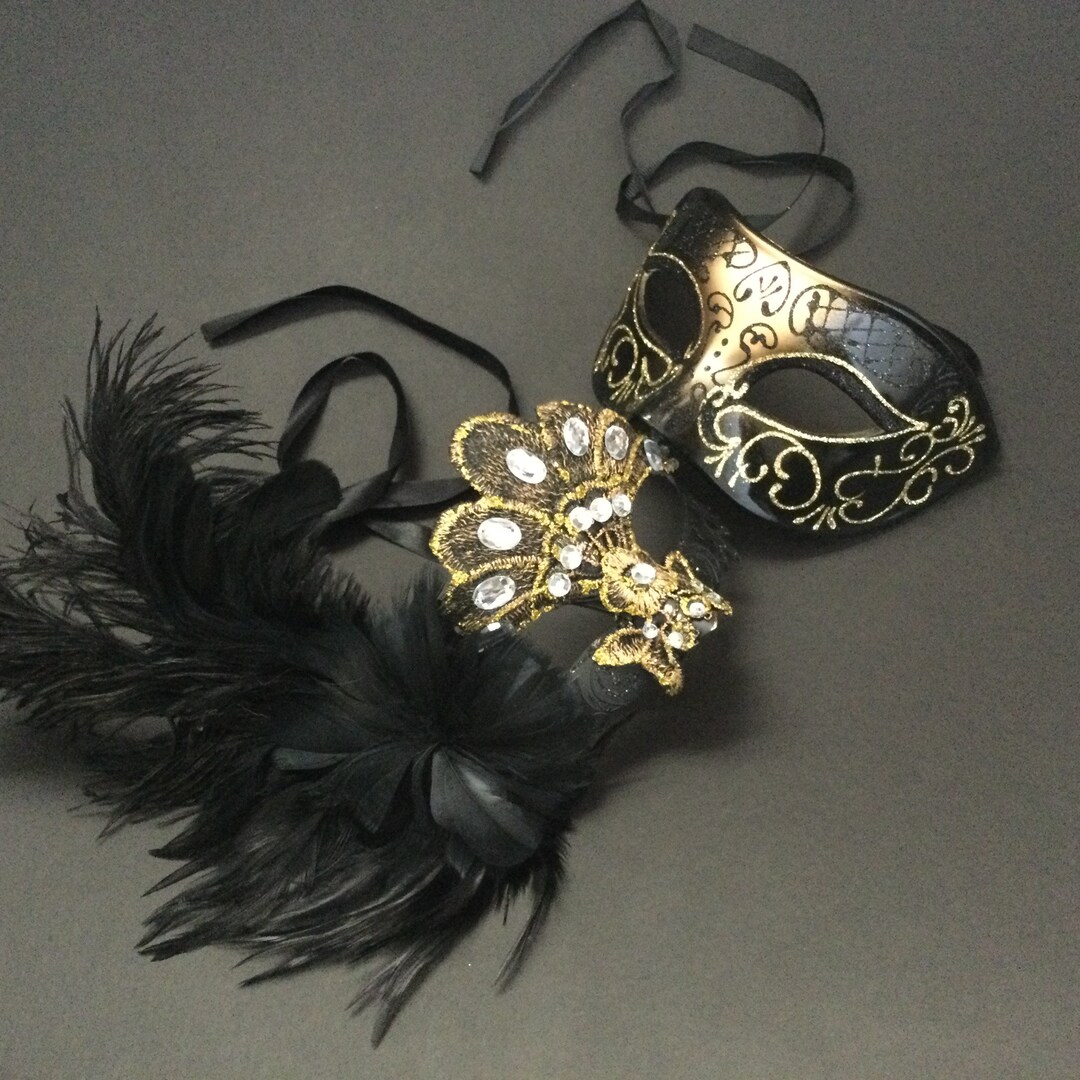 Couples Masquerade Ball Party Black Gold Brocade Lace Mask Pair - Etsy