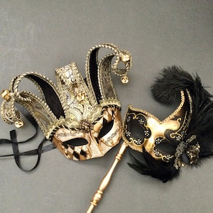 Carnival Costume Black Gold Jester Feather Handle Harlequin Masquerade ...