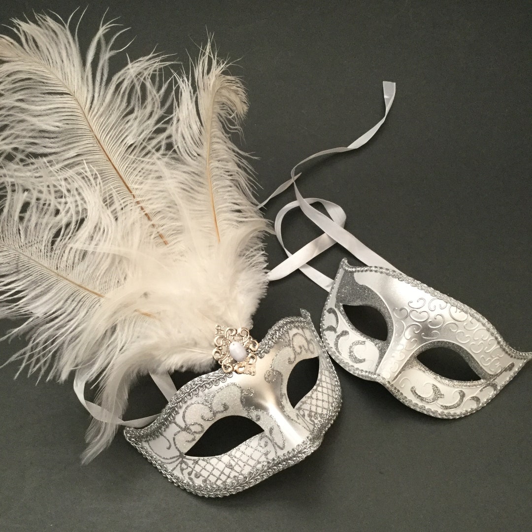 White Silver Masquerade Ball Feather Mask Pair Birthday Costume ...