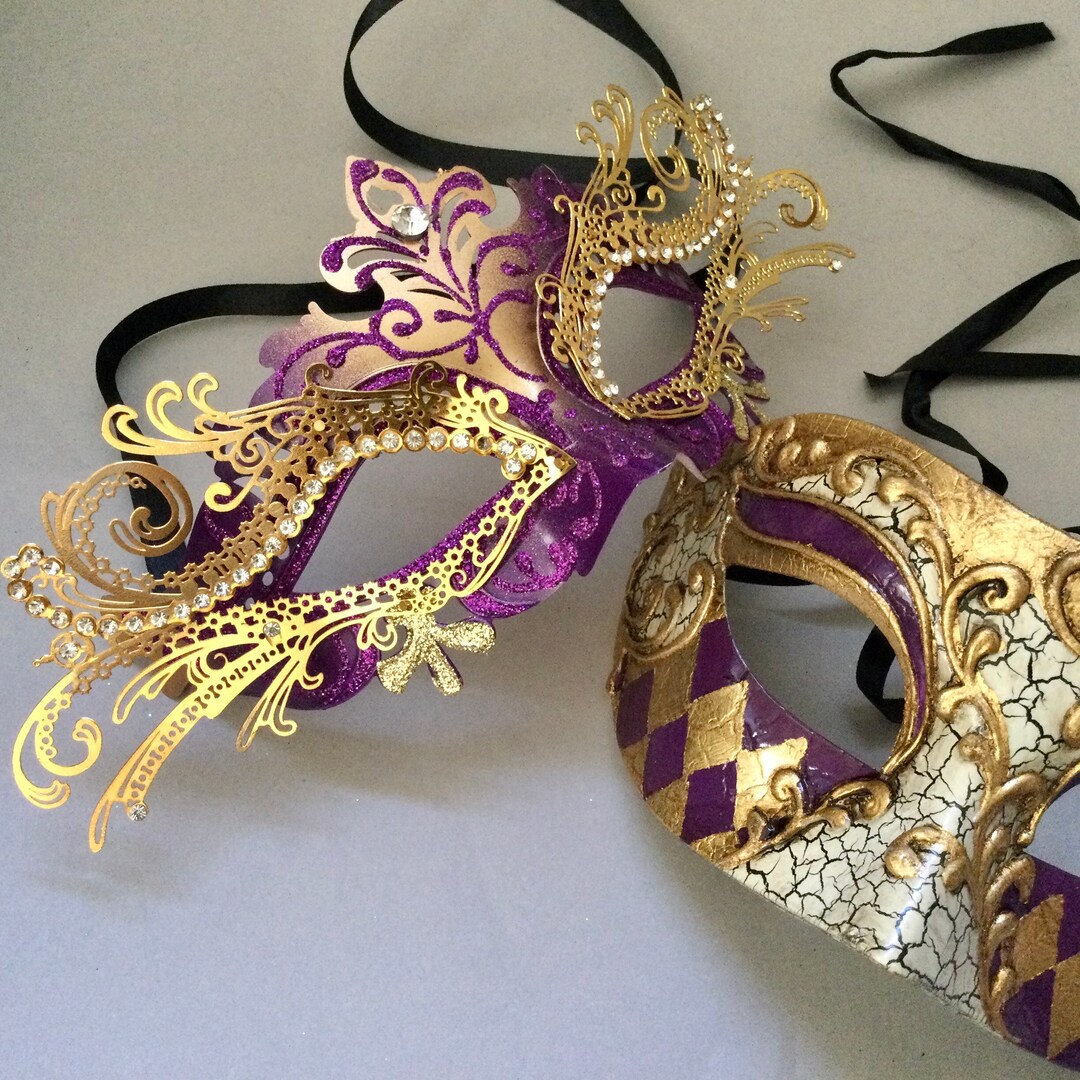 Couples Harlequins Mardi Gras Purple Masquerade Ball Prom Party Mask ...