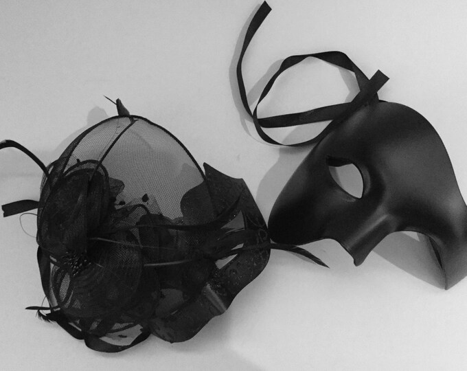 Black Phantom Masquerade Mask Pair With Fascinator Feather - Etsy