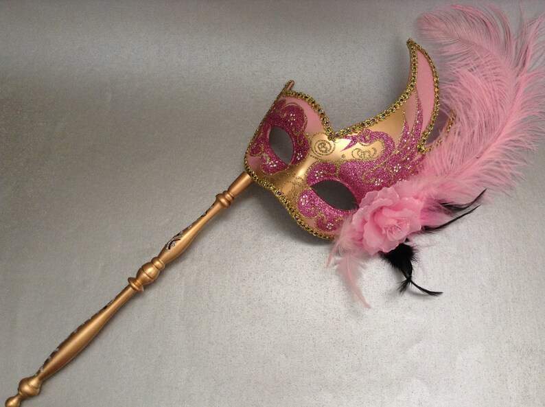 Handle Gold toned baby Pink Masquerade ball mask on stick | Etsy