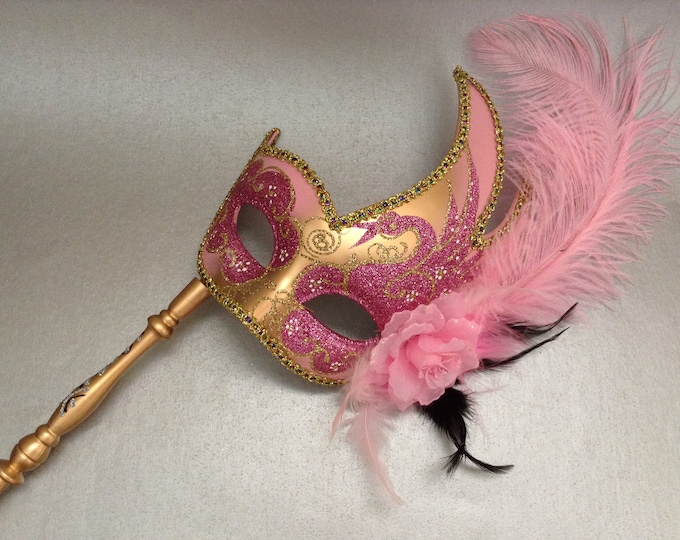 Handle Gold Toned Baby Pink Masquerade Ball Mask on Stick - Etsy