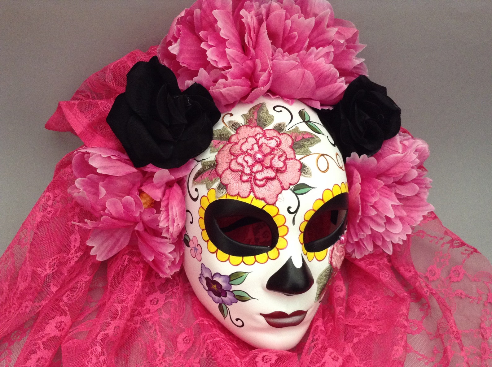 Dia De Los Muertos Painted Pink Sugar skull Mask flower day of | Etsy