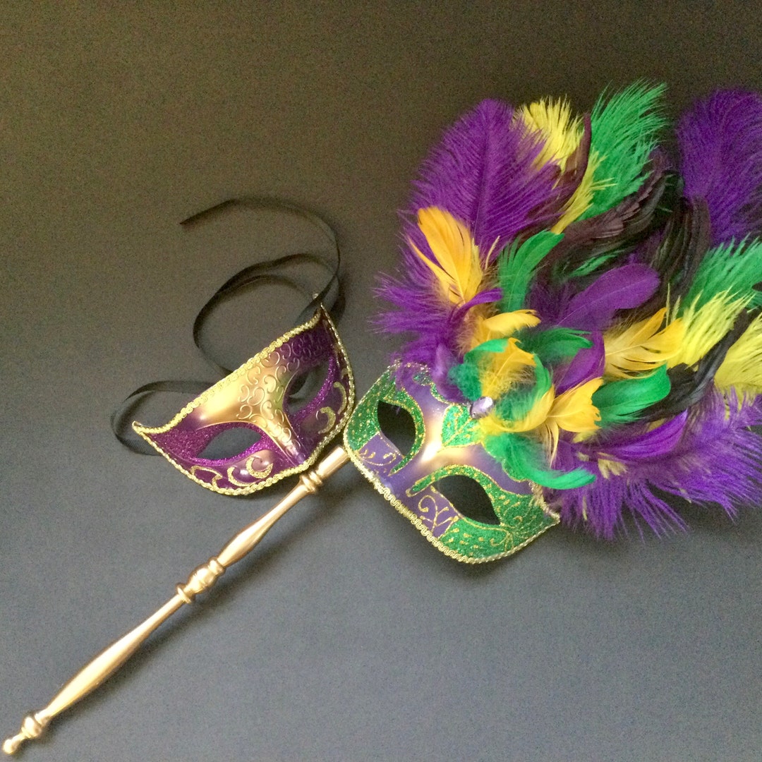 Mardi Gras Masquerade Feather Mask With Stick Carnival Parade Costume ...