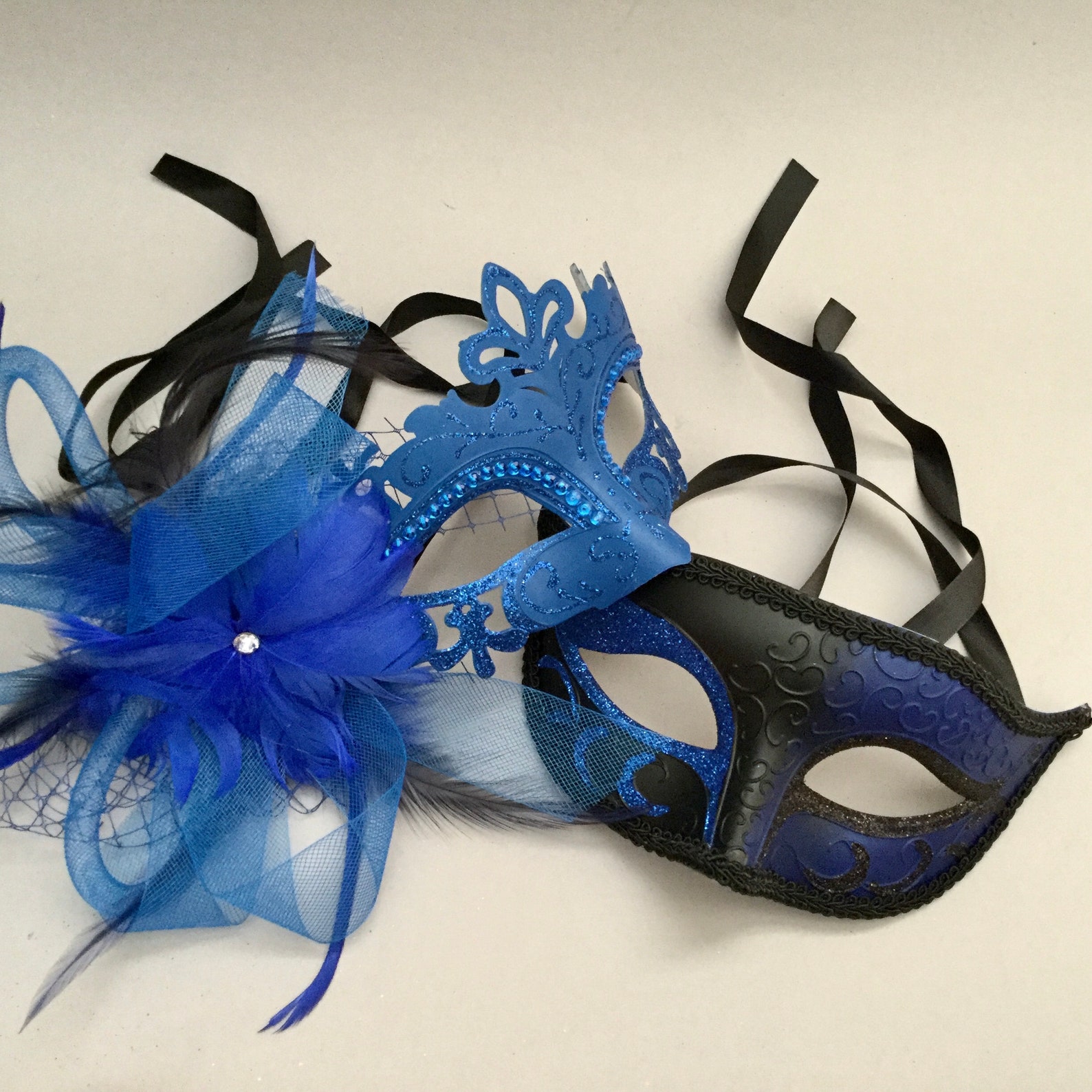 Blue Masquerade ball Feather Eye Mask Pair Costume Dress up | Etsy
