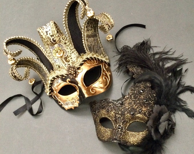 Black Gold Music Notes Jolly Jester Lace Feather Masquerade Ball Mask ...