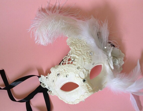 White Feather Brocade Lace Masquerade Ball Mask - Etsy