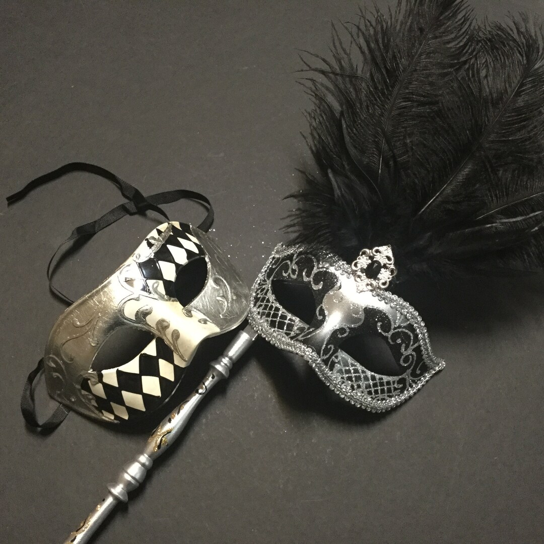 Black Silver Masquerade Ball Feather Mask With Handle Stick Mask - Etsy