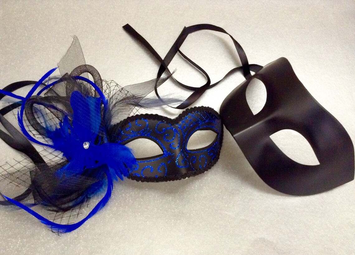 Black Royal Blue Netting Masquerade Ball Party Feather Mask - Etsy