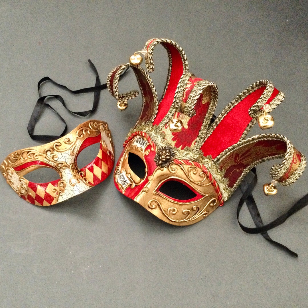 Venetian Style Jolly Jester Gold Red Masquerade Ball Mask With Music ...