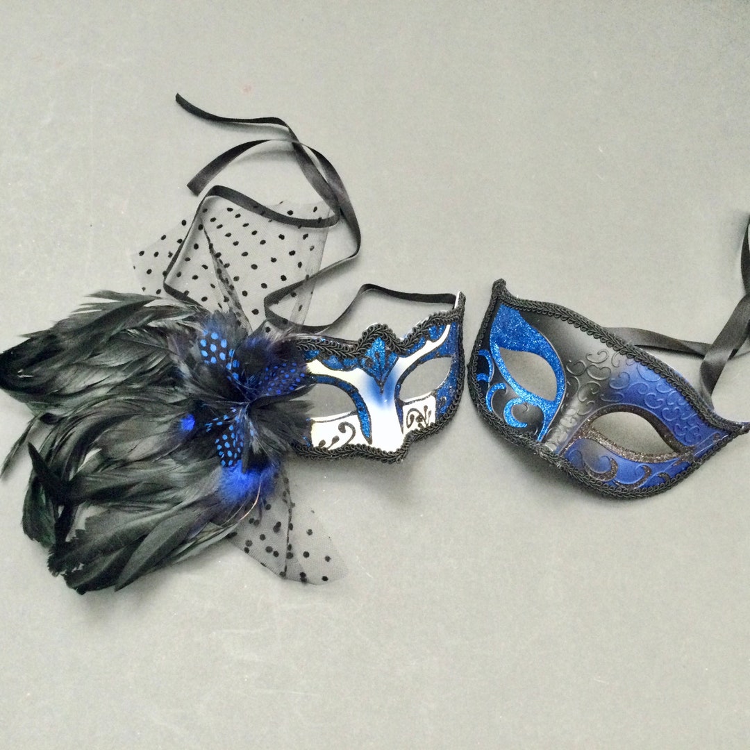 Blue Black Masquerade Ball Feather Veil Eye Mask Pair Costume Dress up ...