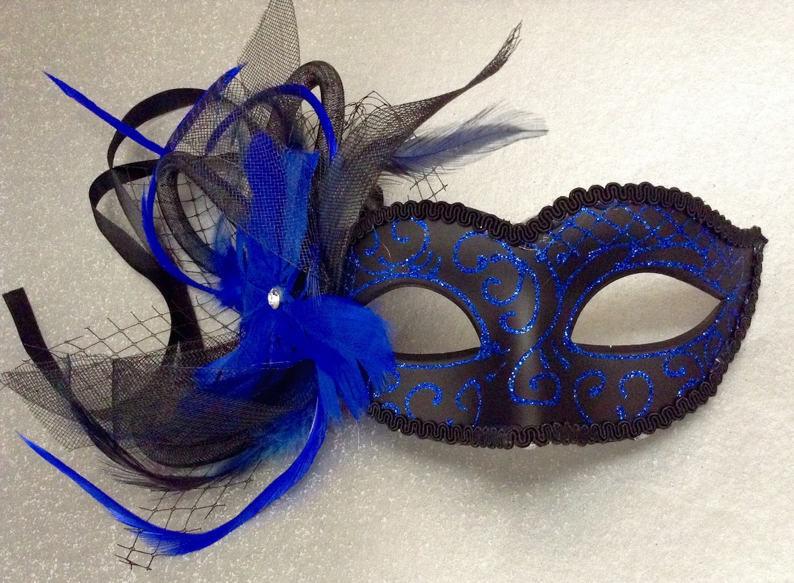 Black Royal Blue Netting Masquerade Ball Party Feather Mask - Etsy