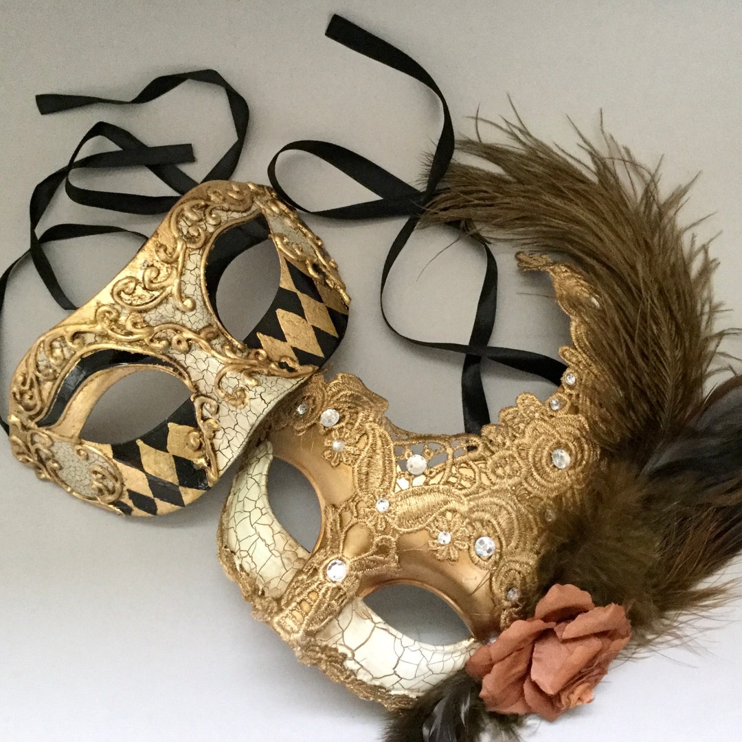 Brocade Brown Lace Beige Gold Masquerade Ball Mask Ostrich - Etsy