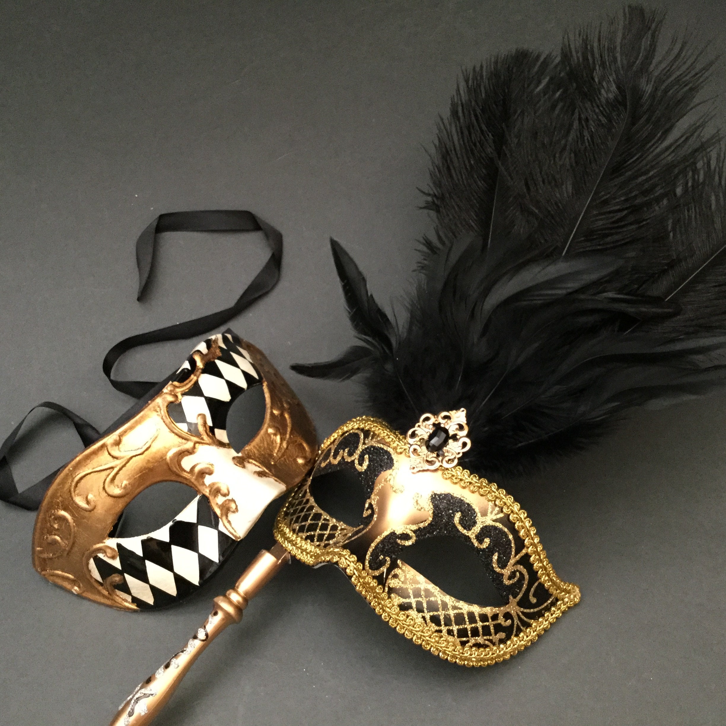 Black Gold Masquerade Ball Feather Mask With Handle Stick Mask | Etsy