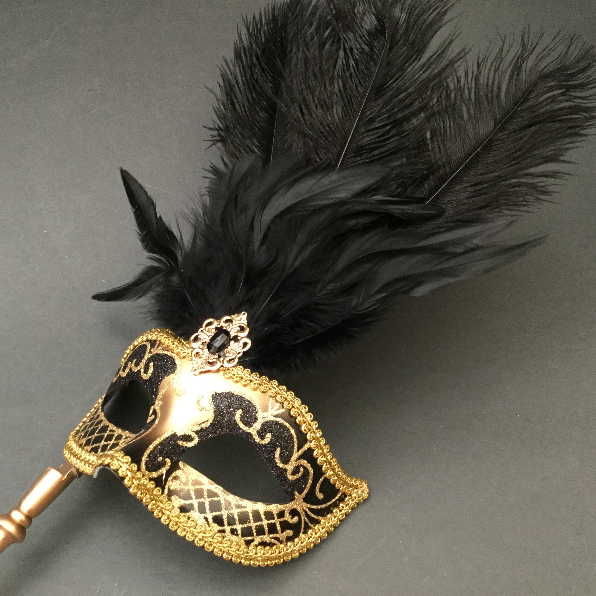 Black Gold Masquerade Ball Feather Mask With Handle Stick Mask - Etsy