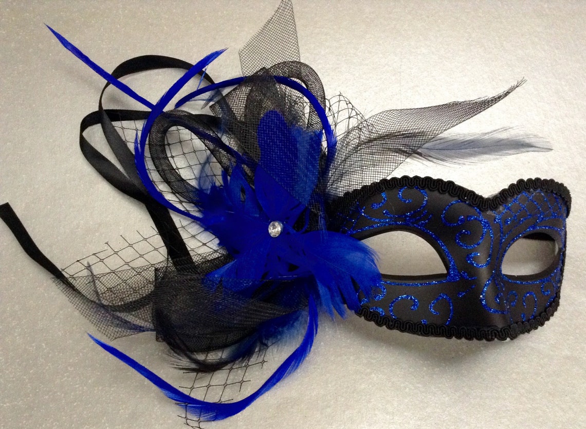 Black Royal Blue Netting Masquerade Ball Party Feather Mask - Etsy
