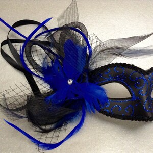 Black Royal Blue Netting Masquerade Ball Party Feather Mask Set - Etsy