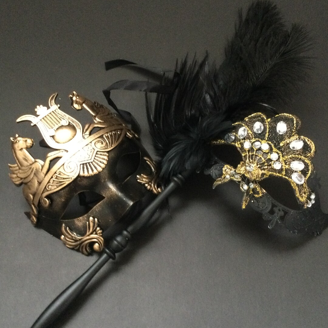 Black Gold Masquerade Ball Mask With Stick Carnival Parade Costume ...