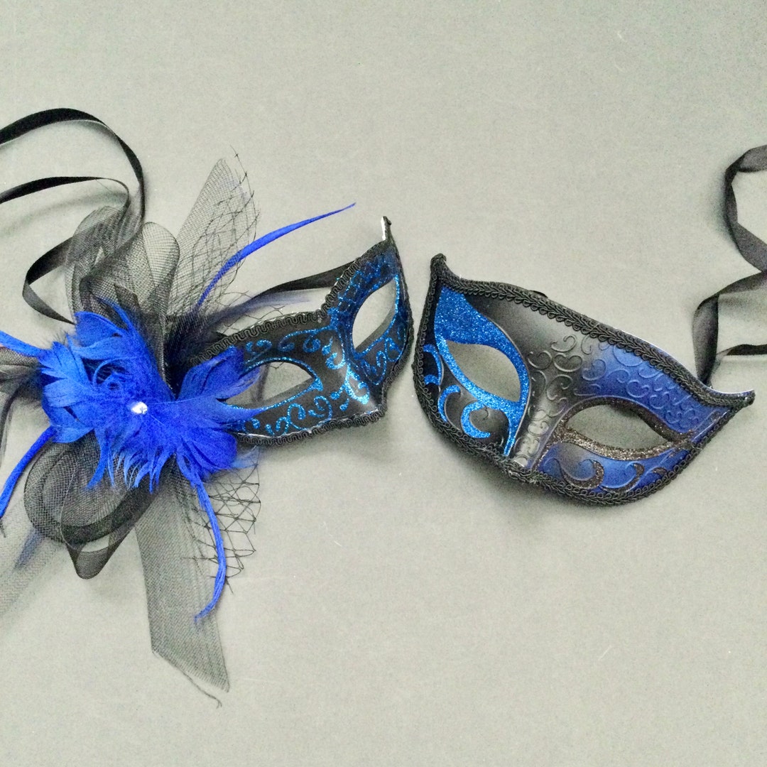 Royal Blue Flower Netting Masquerade Ball Party Feather Mask Set - Etsy