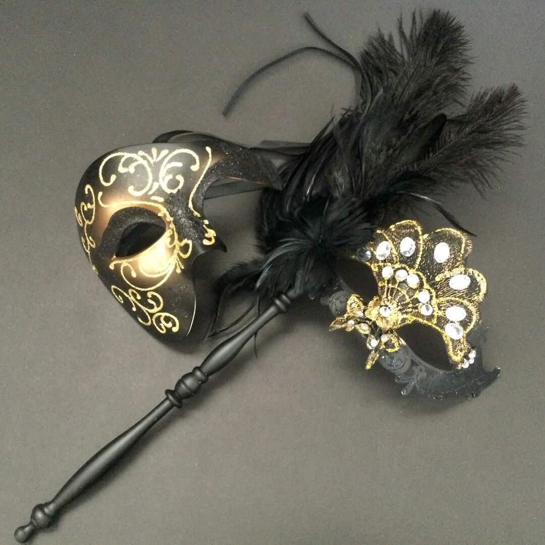 Black Gold Masquerade Phantom Mask With Feather Stick Carnival Parade ...