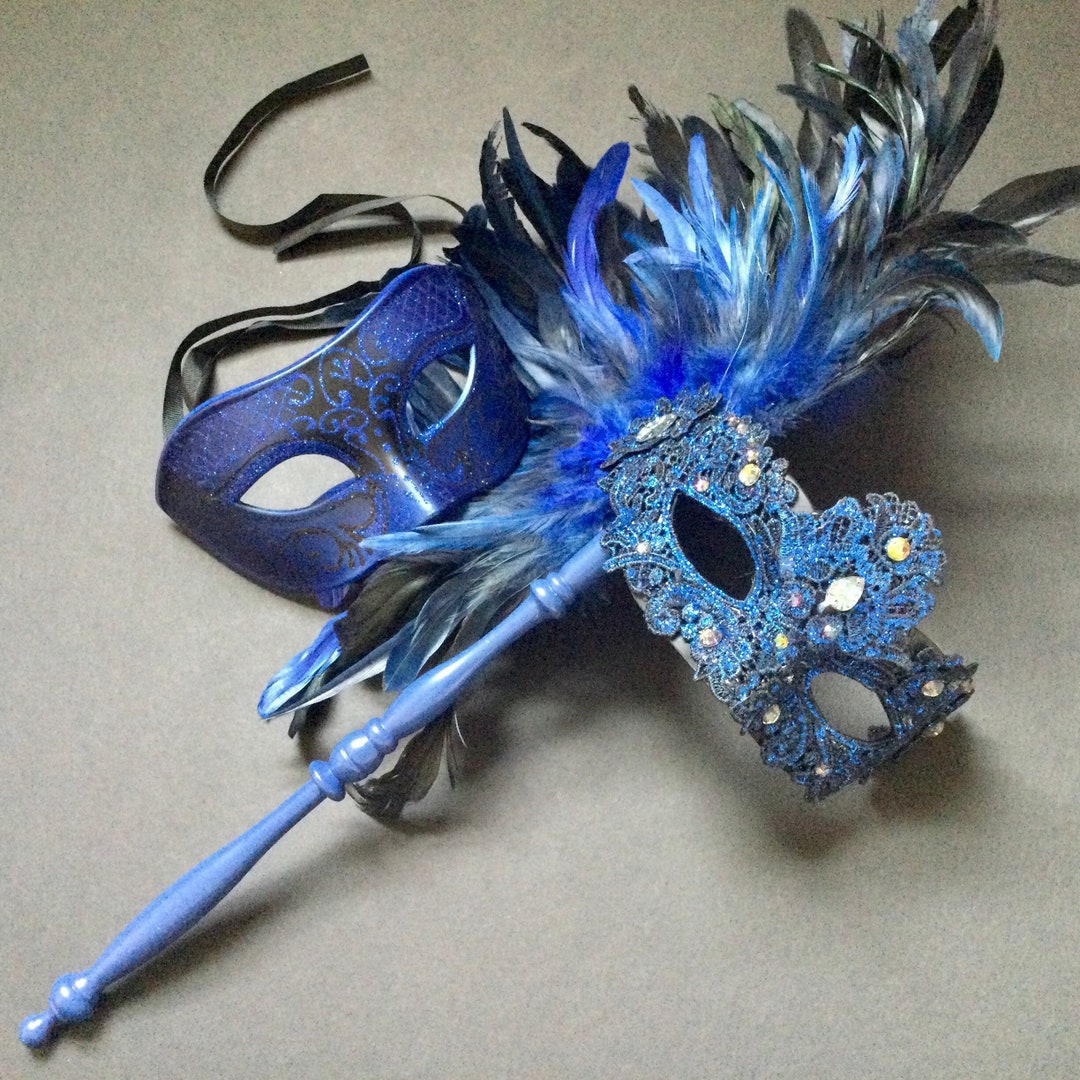Lace Blue Masquerade Mask With Feather Cosplay Dress up Party Costume ...