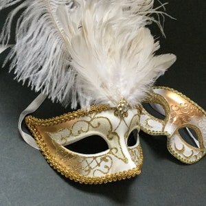 Gold White Masquerade Ball Feather Mask Pair Birthday Costume Christmas ...