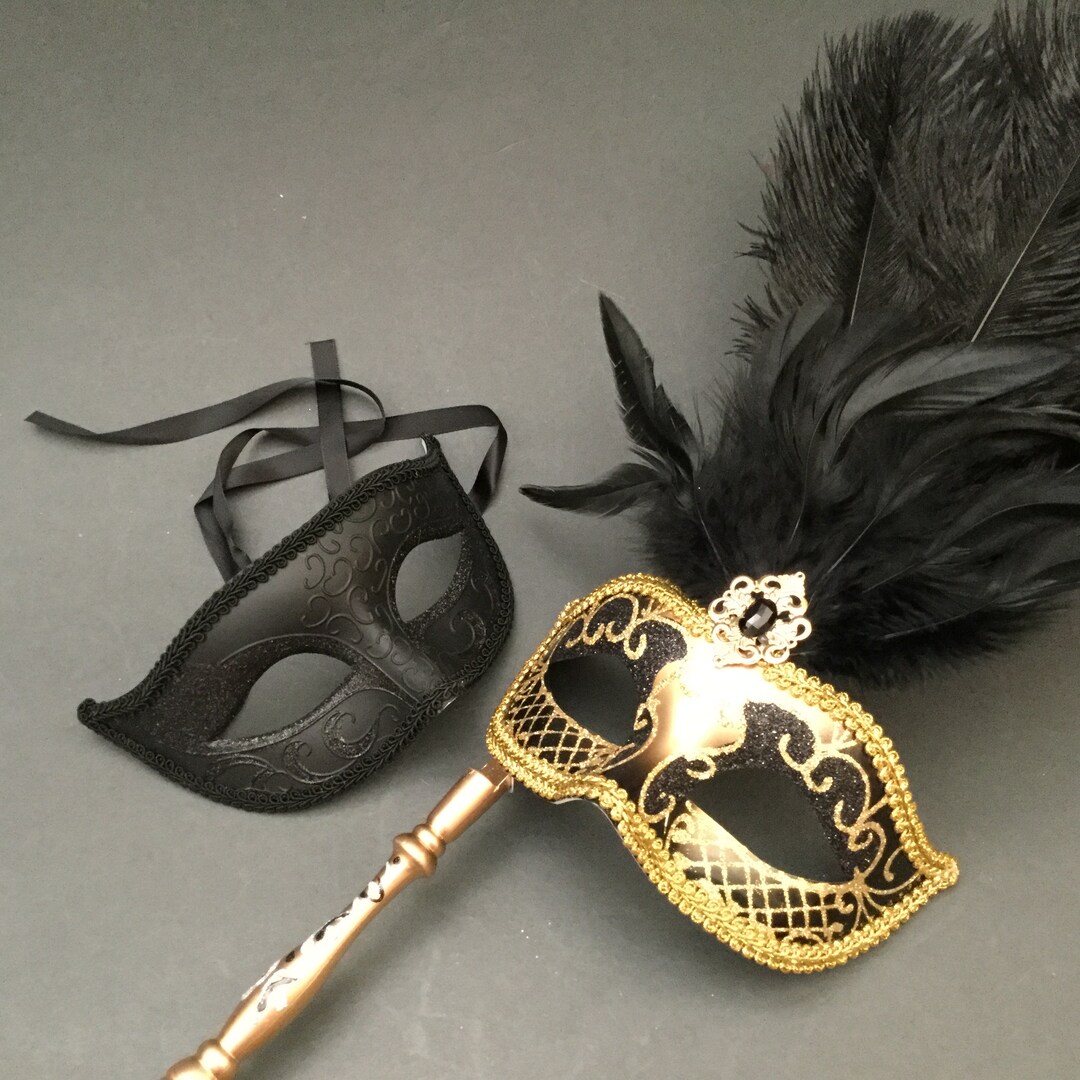 Gold Black Masquerade Ball Feather Mask With Handle Stick Mask - Etsy
