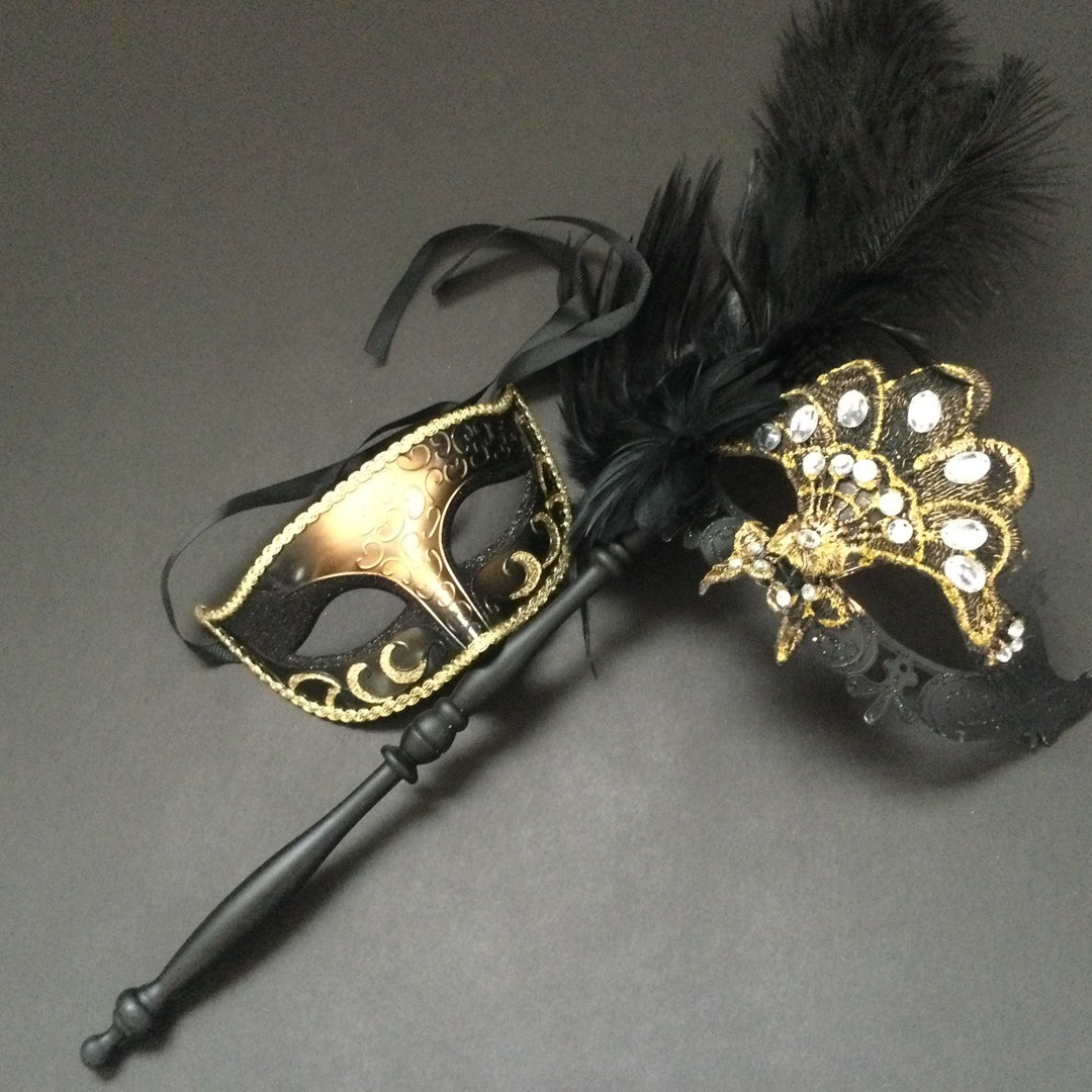 Black Gold Masquerade Ball Mask With Stick Carnival Parade Costume ...