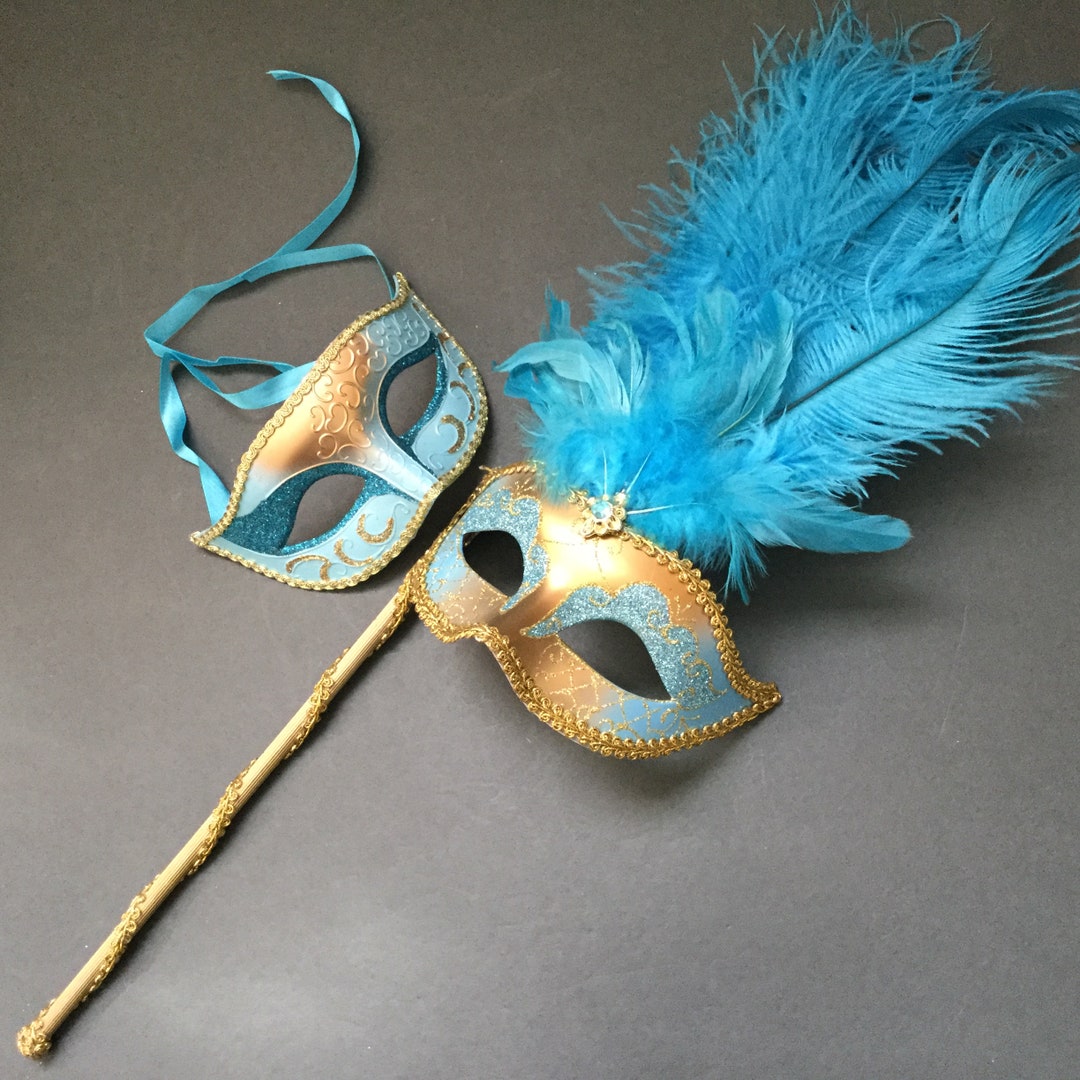 Gold Turquoise Blue Masquerade Ball Feather Mask With Handle Stick Mask ...