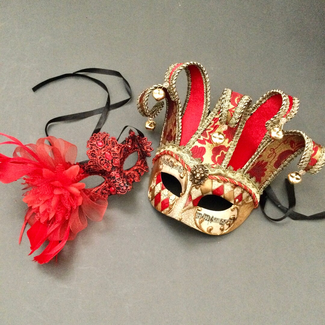 Venetian Jolly Jester Harlequin Gold Red Lace Flower Netting Mask ...