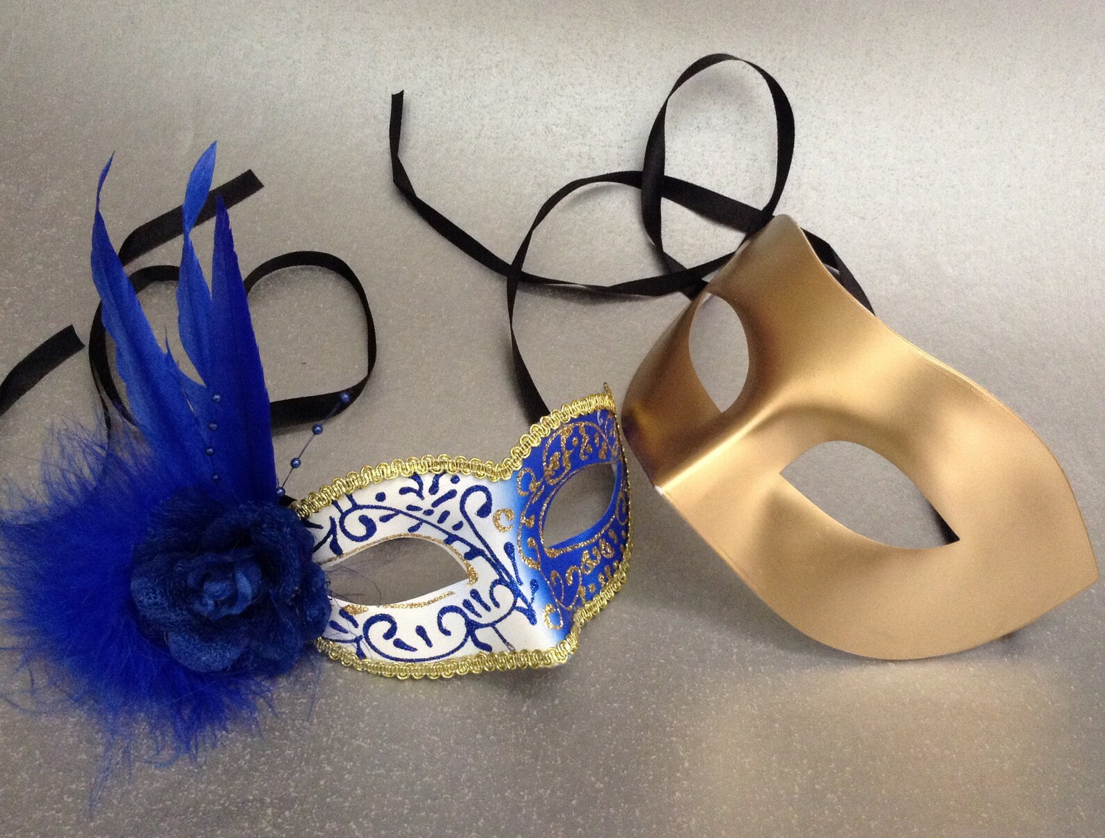 Gold Blue Masquerade Ball Party Feather Flower Eye Mask Pair | Etsy