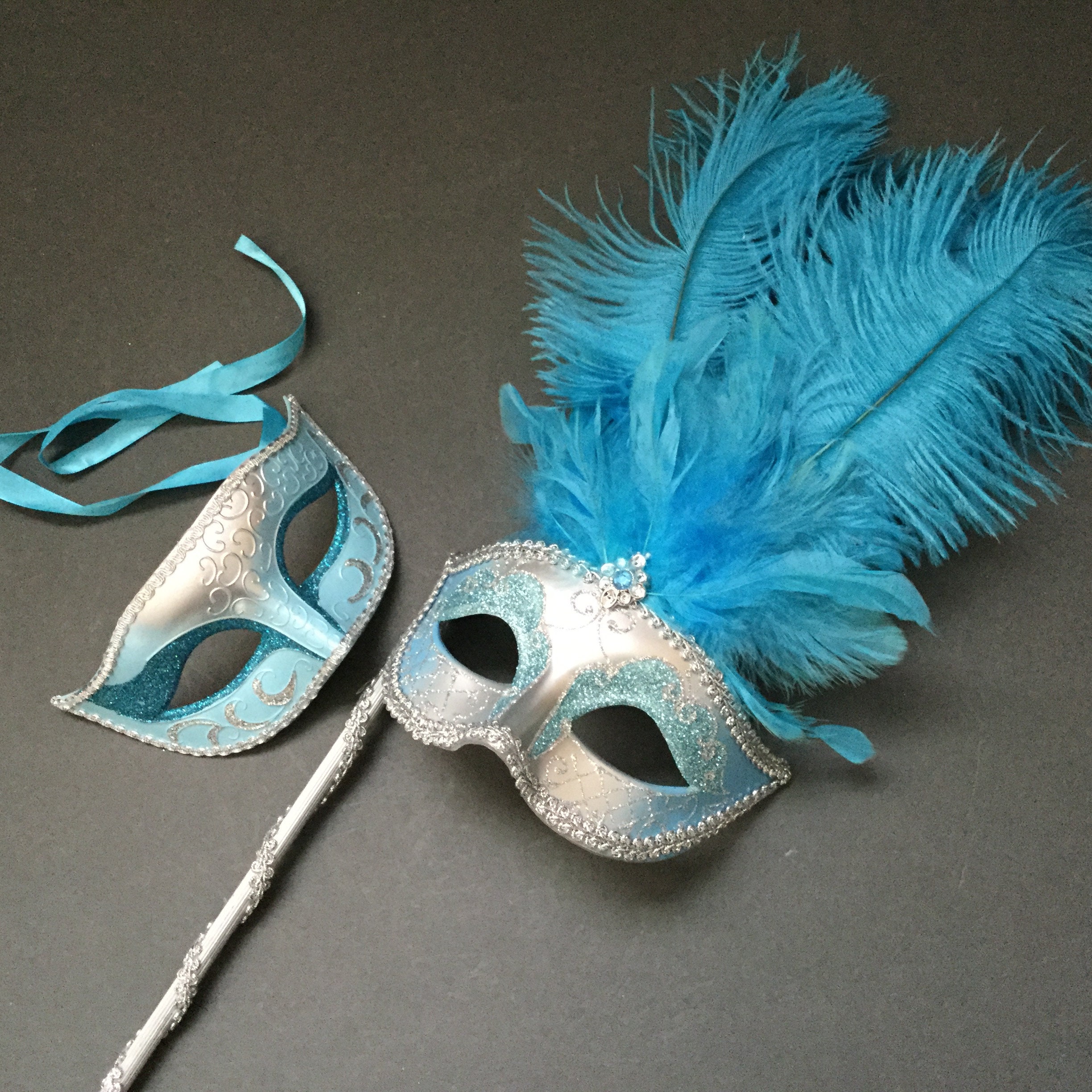 Silver Turquoise Blue Masquerade Ball Feather Mask With Handle - Etsy