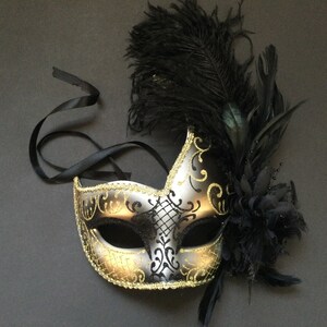Black Gold Masquerade Ball Party Harlequin Mask With Feather - Etsy
