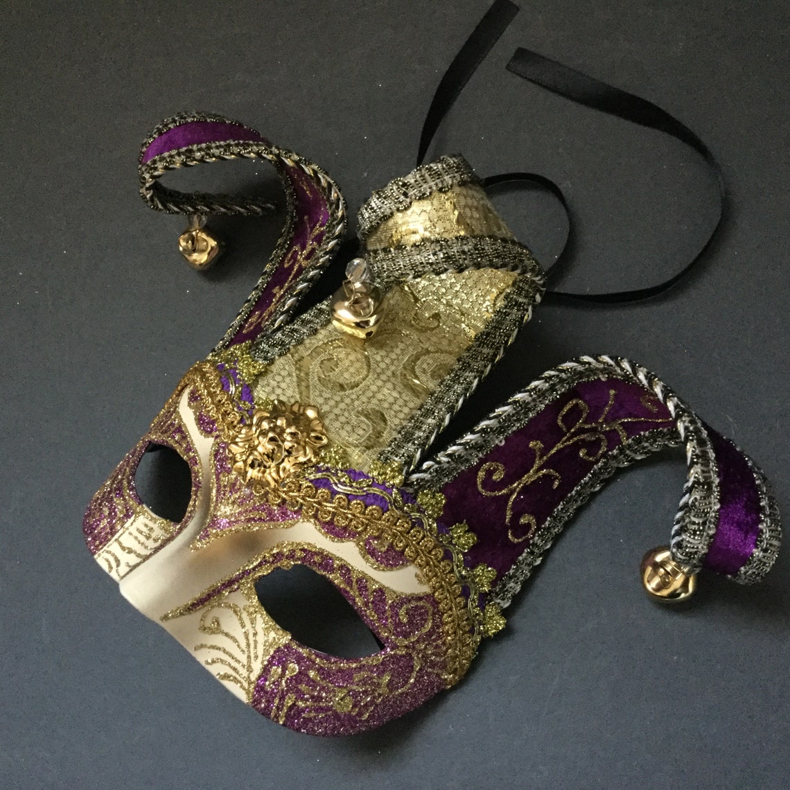 Carnival Costume Gold Purple Jester Feather Handle Masquerade - Etsy