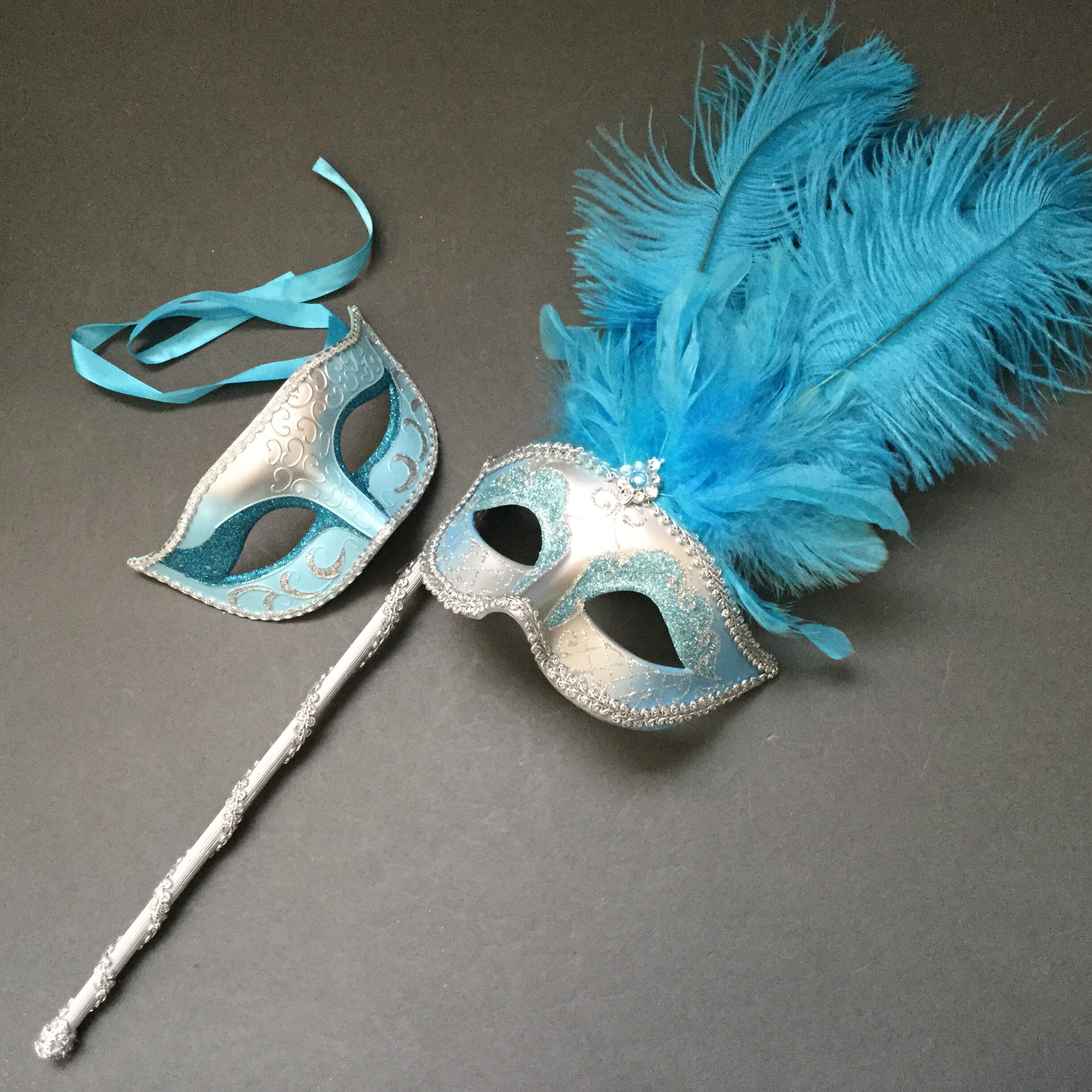 Silver Turquoise Blue Masquerade Ball Feather Mask With Handle - Etsy