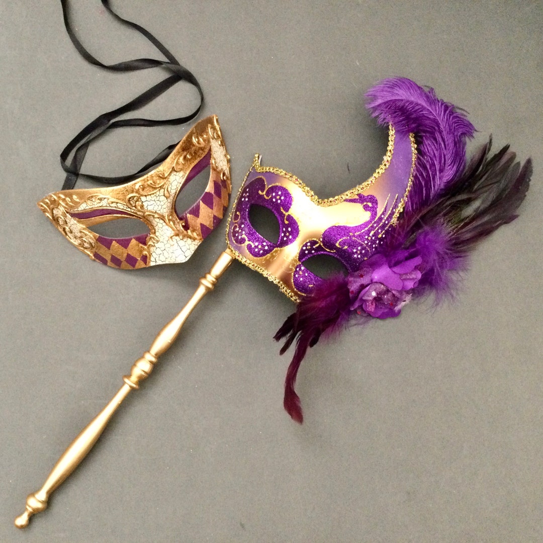 Gold Purple Masquerade Stick Mask Pair Birthday Costume Burlesque ...