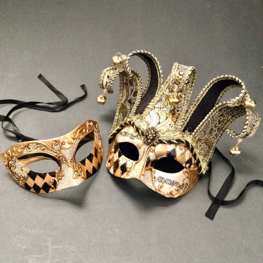 Black Gold Venetian Style Jolly Jester Mask Masquerade Mask Carnival ...