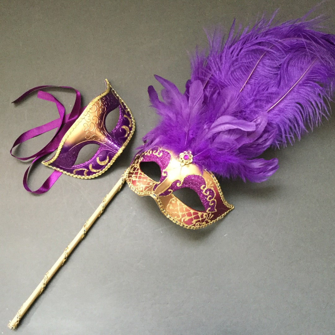 Gold Purple Masquerade Ball Feather Mask With Handle Stick Mask - Etsy