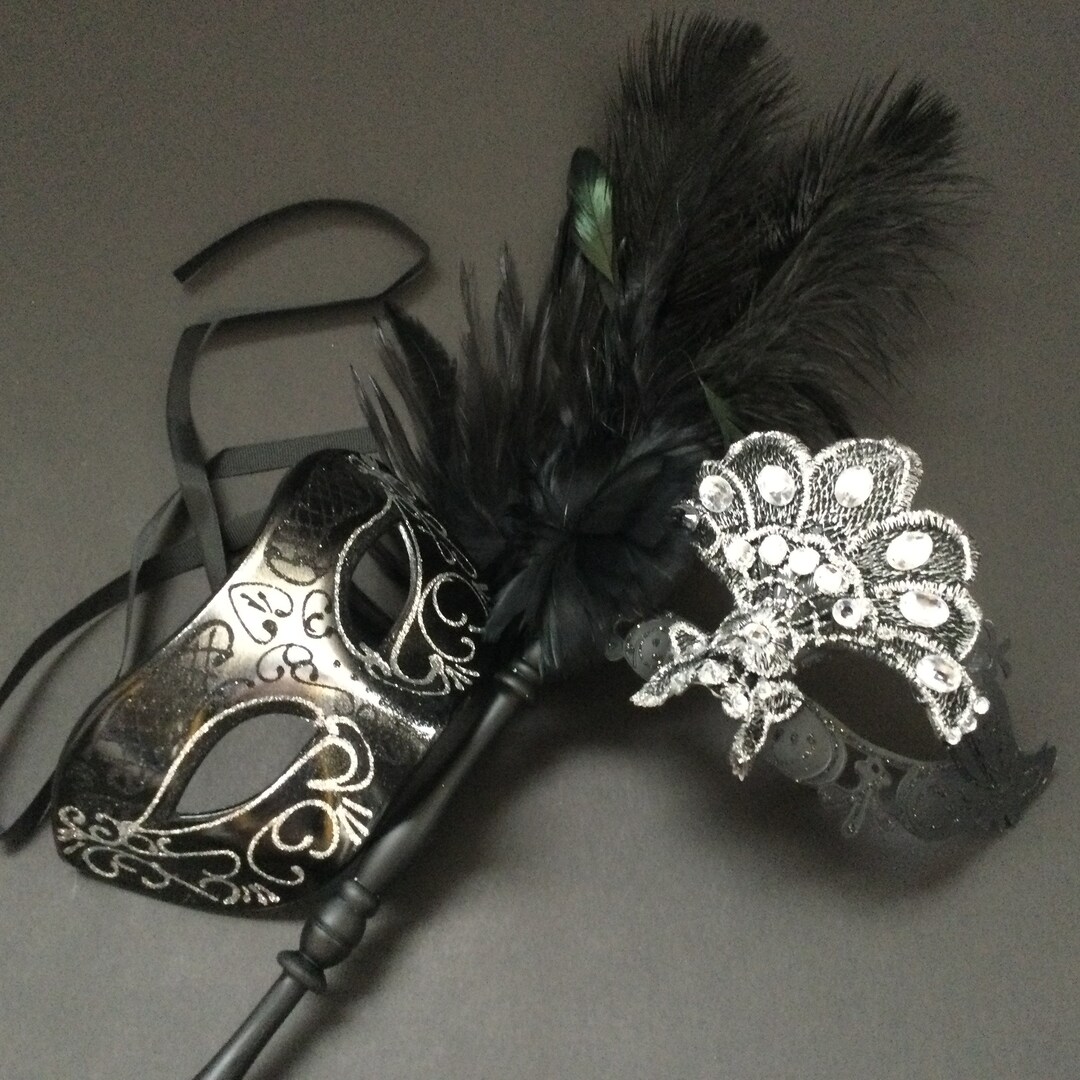 Black Silver Masquerade Ball Mask With Stick Carnival Parade Costume ...