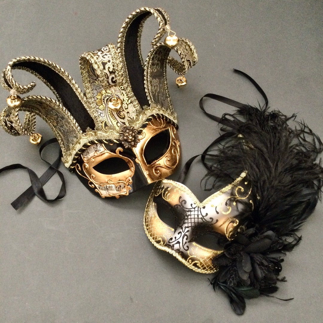Carnival Costume Black Gold Jester With Music Notes Feather Masquerade ...