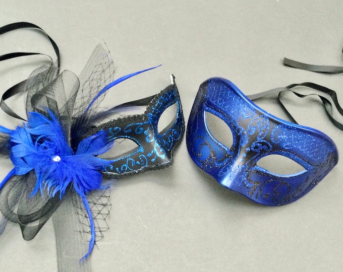 Couples Dark Blue Masquerade Ball Feather Flower Netting Party - Etsy