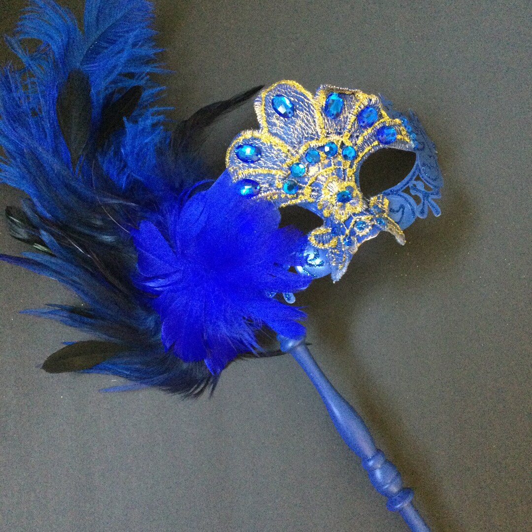 Blue Hand Held Masquerade Ball Mask With Stick Carnival Parade Costume ...